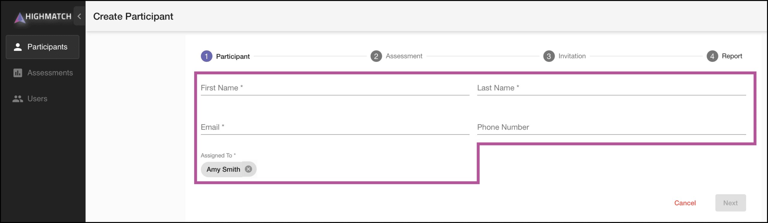 Inviting a New Participant to take an Assessment | HighMatch